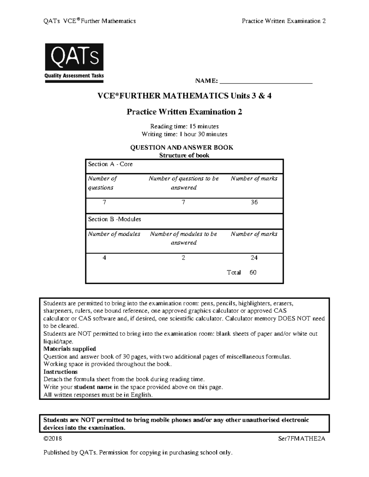 Ser7FMATHE2A - QATs Mathematics Practice Written Examination 2 - Studocu