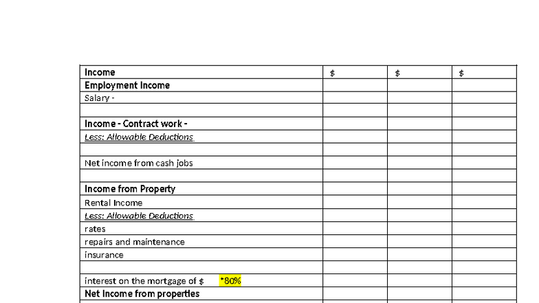 Income Tax Calculation Worksheet: Allowable Deductions & Tax Liability ...