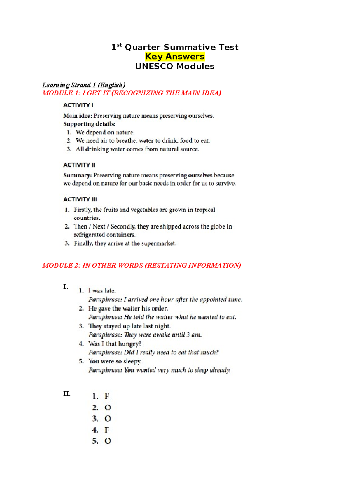 1st Quarter Summative Test - UNESCO Modules Answer Key - Studeersnel