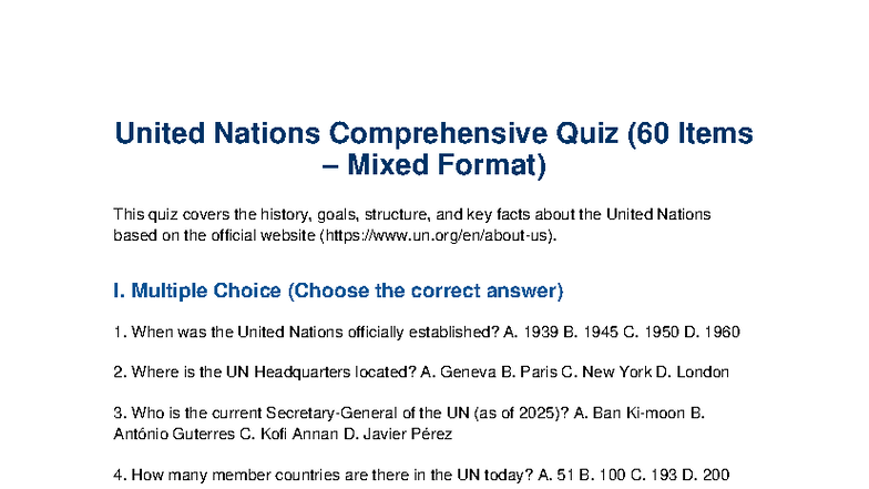 United Nations 60Item Quiz - United Nations Comprehensive Quiz (60 ...