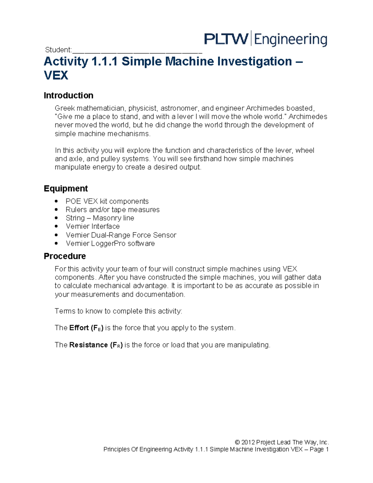 1.1.1.A.VEX Simple Machine Investigation: Exploring Levers, Pulleys ...