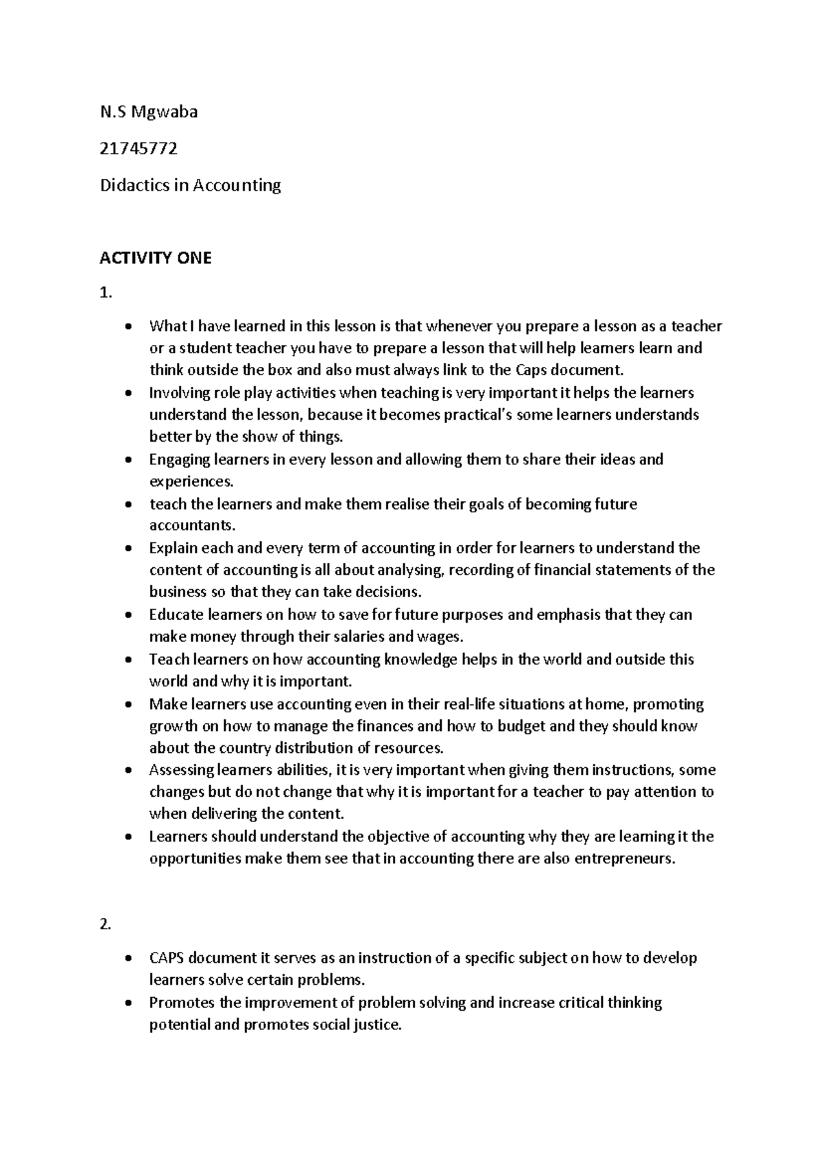 ACC Didactis 1 - N Mgwaba 21745772 Didactics in Accounting ACTIVITY ONE ...