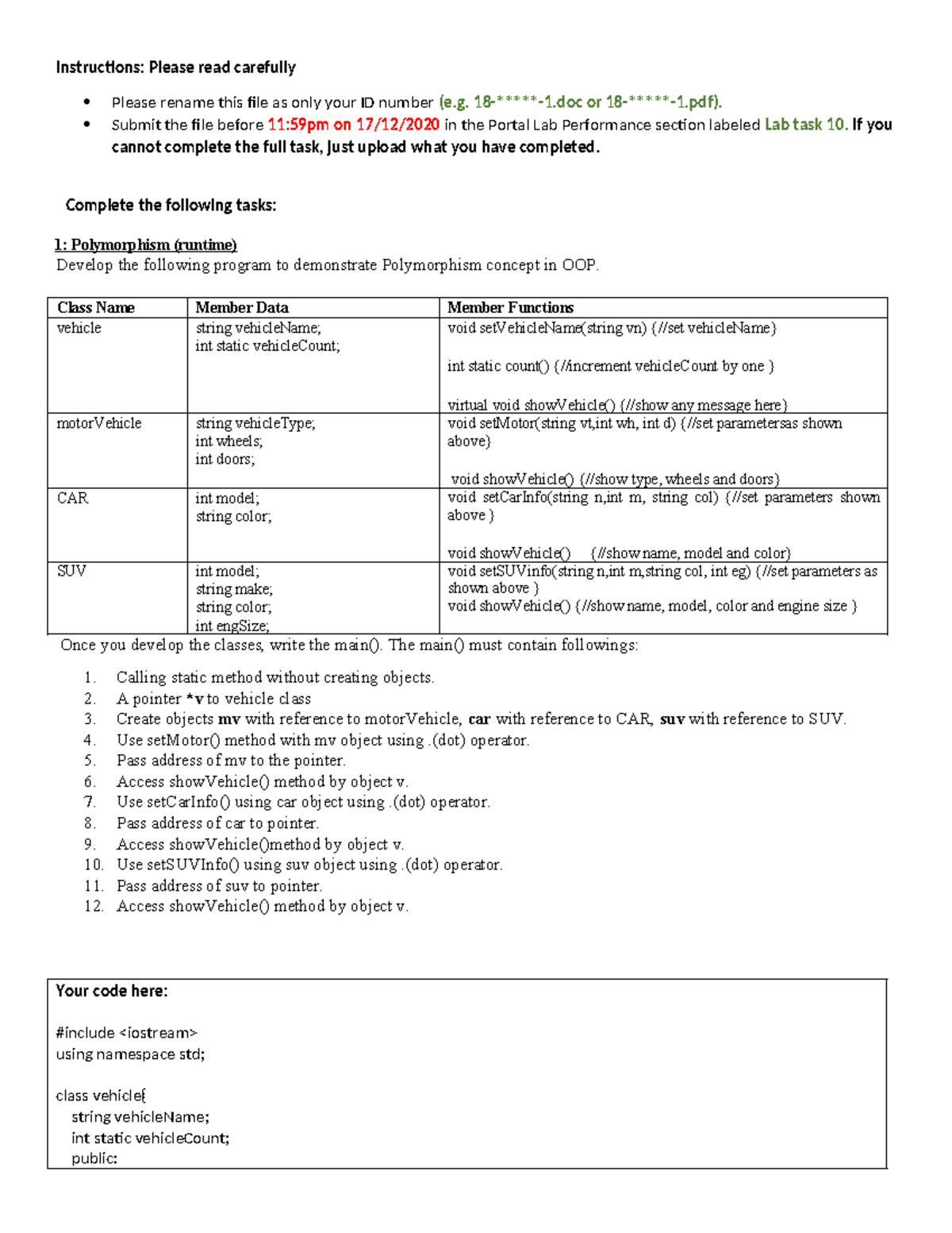 Lab Task 10: Polymorphism in OOP - Implementation Guide - Studocu