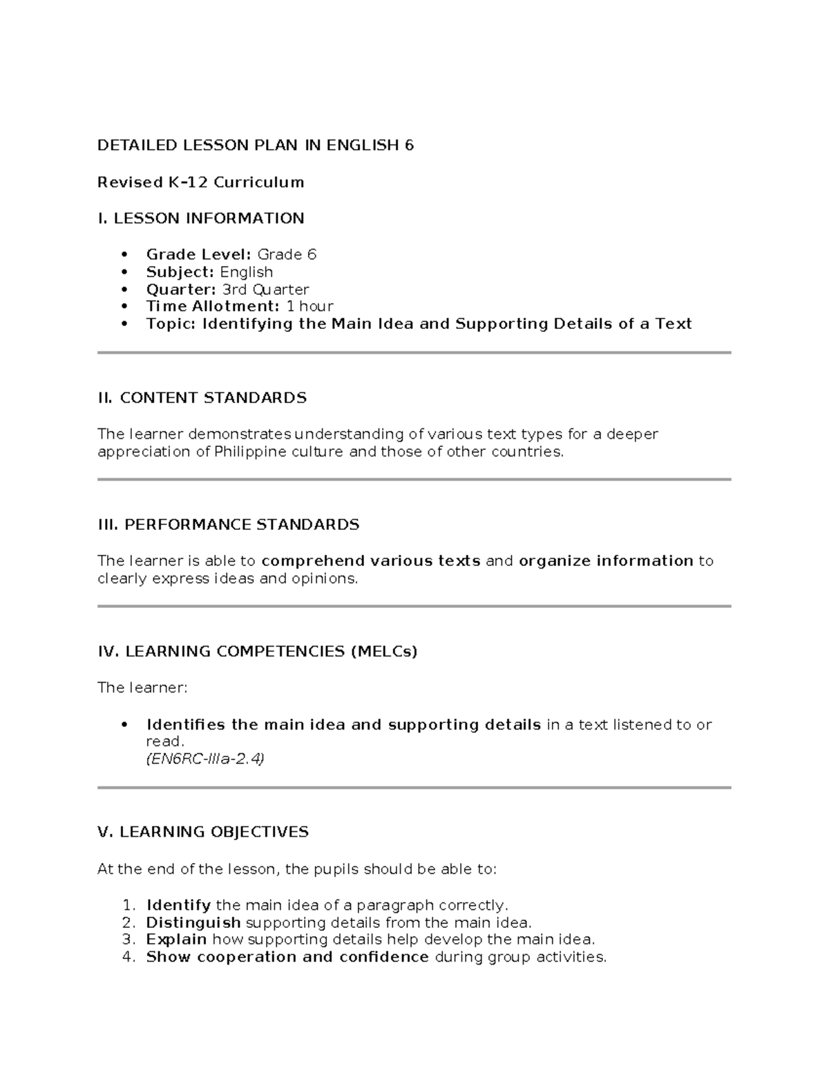 Detailed Lesson Plan in English 6: Main Idea & Supporting Details - Studocu