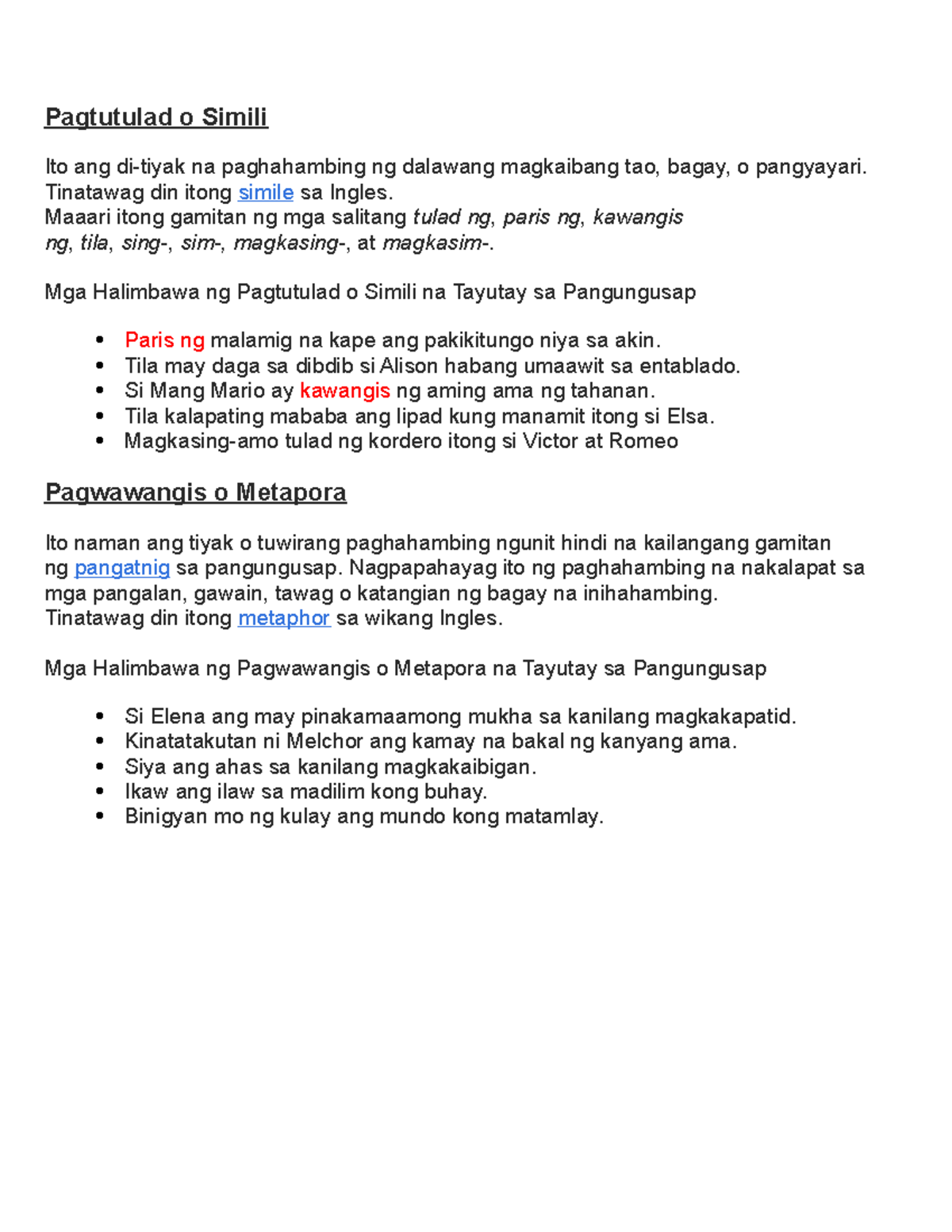 Pagtutulad at Ibang Tayutay: Mga Halimbawa at Paliwanag - Studocu