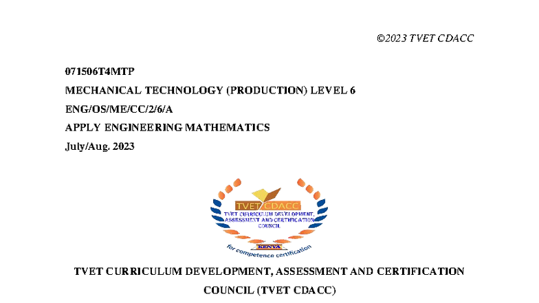 TVET CDACC 071506T4MTP Mechanical Technology Level 6 Engineering Math ...