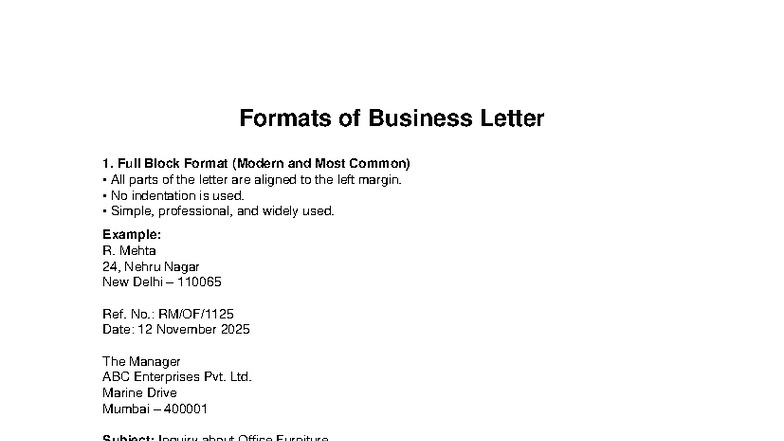 Formats of Business Letter: Full & Modified Block Styles - Studocu
