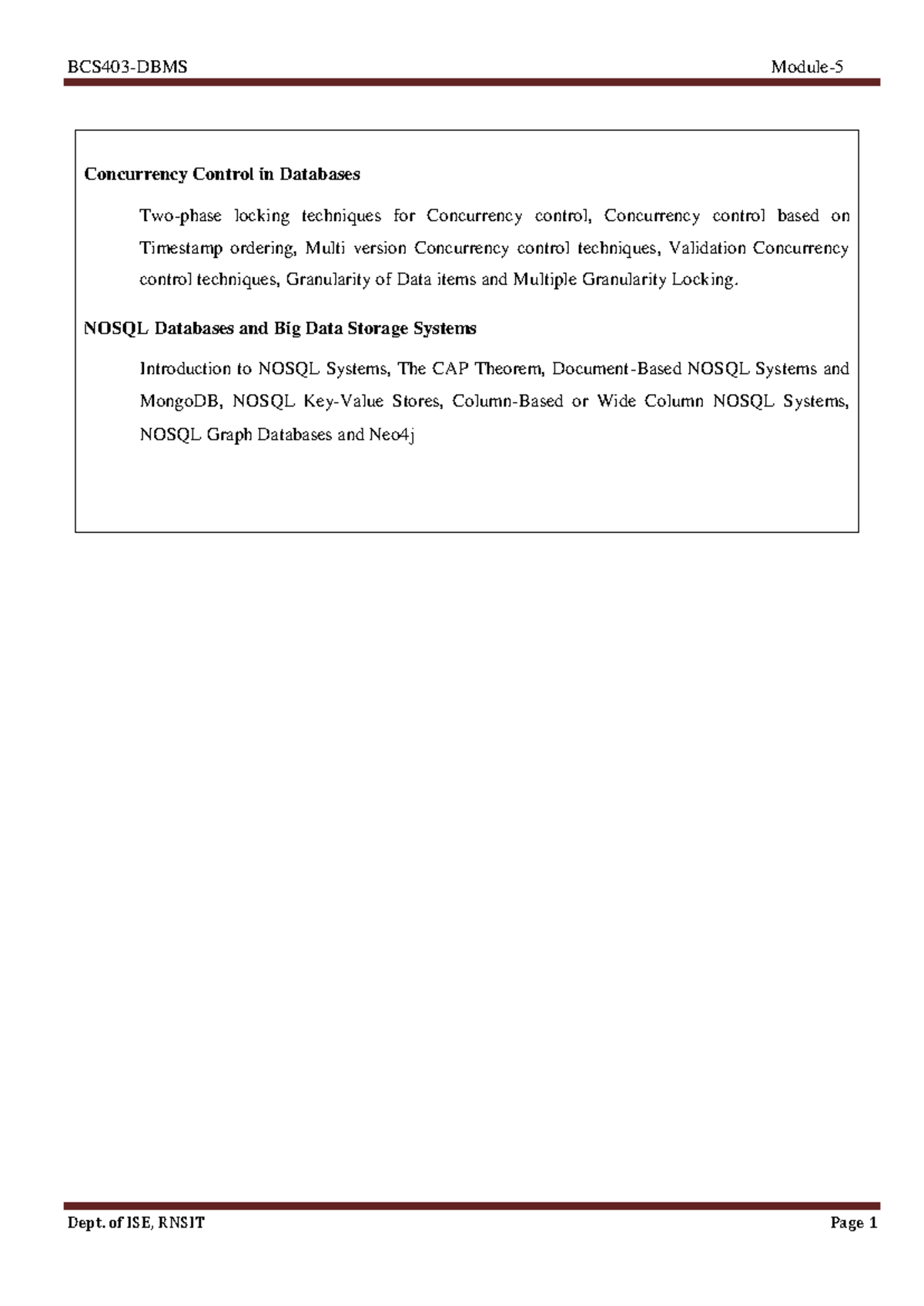 Concurrency Control Techniques & NoSQL Systems Overview (ISE 101) - Studocu