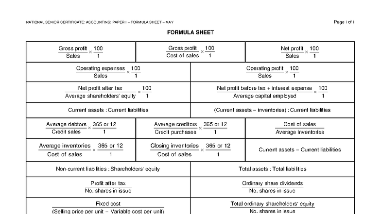 Accounting P1 Formula Sheet - May 2021 - Studocu
