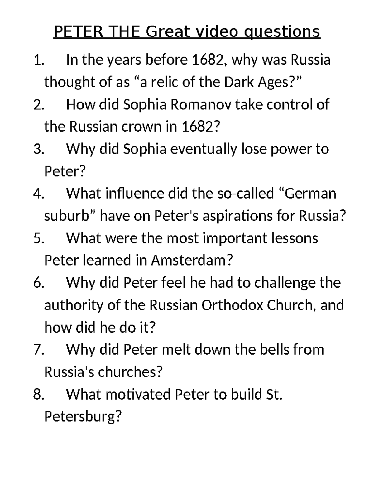 Peter the Great: Video Questions & Answers for History 101 - Studocu