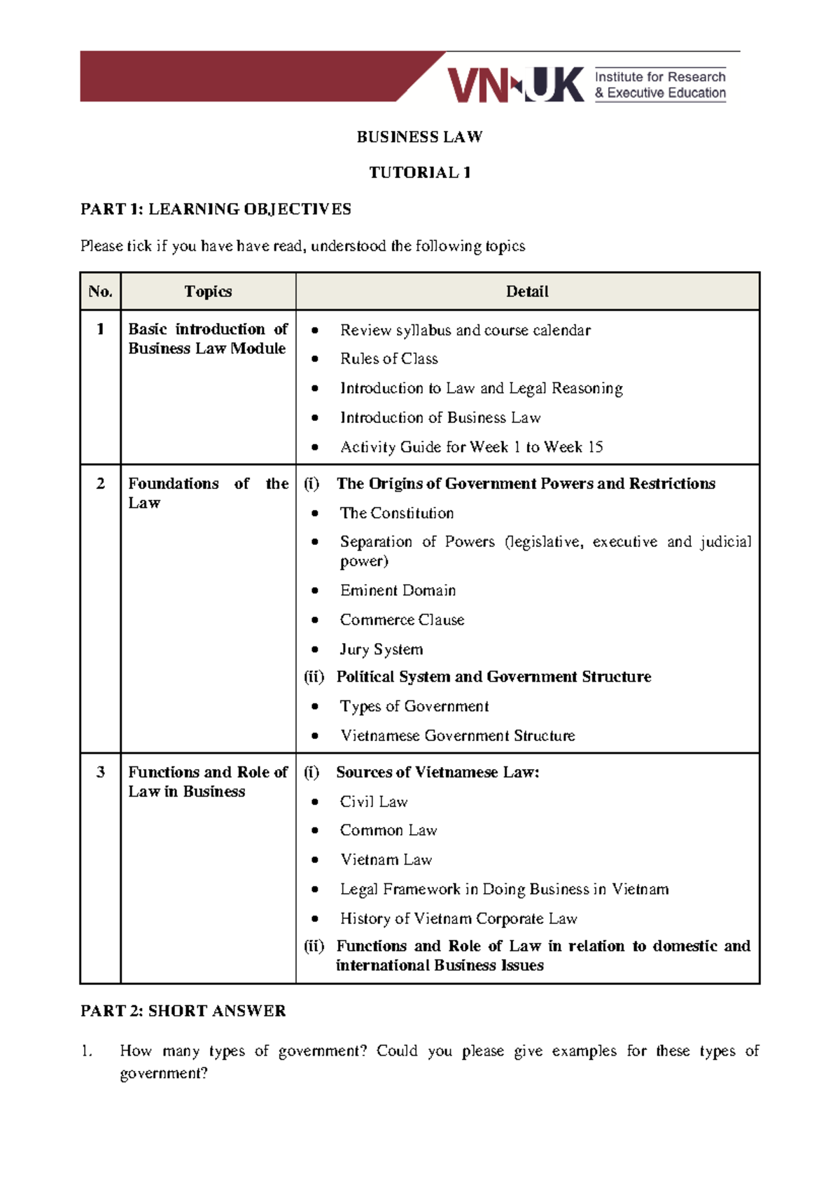 VNUK - Business Law - Tutorial 1 (Question) - BUSINESS LAW TUTORIAL 1 ...