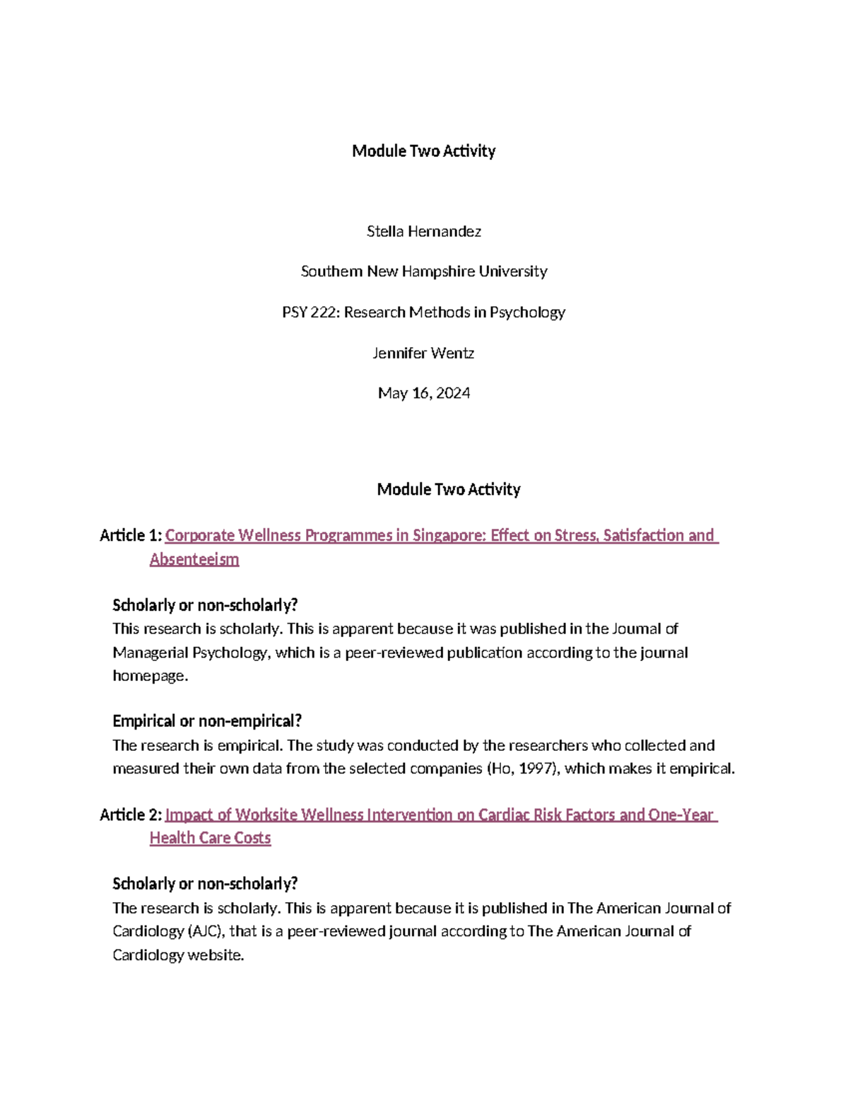 PSY 222 Module Two Activity: Analyzing Workplace Wellness Research ...