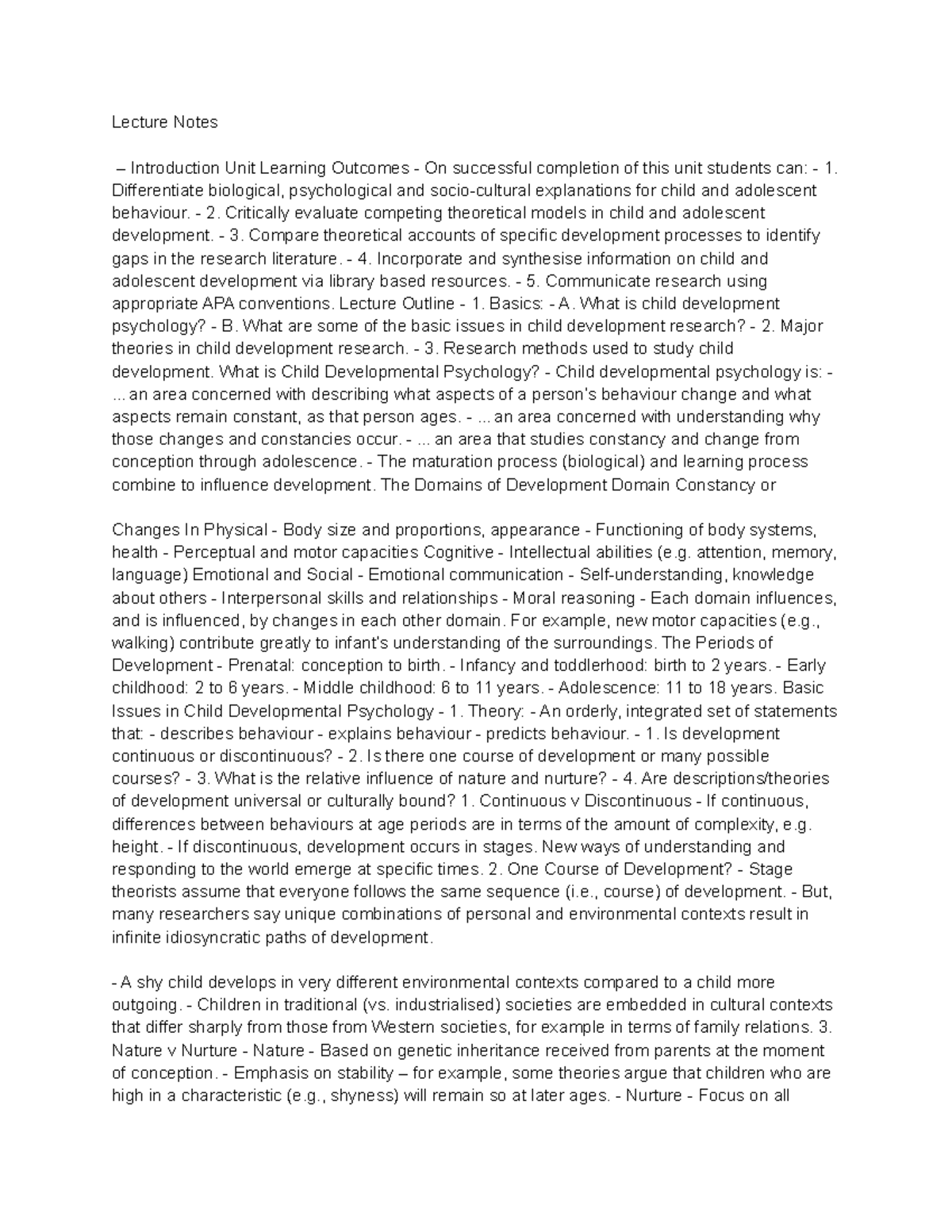 Child Development Notes - Lecture Notes Introduction Unit Learning ...