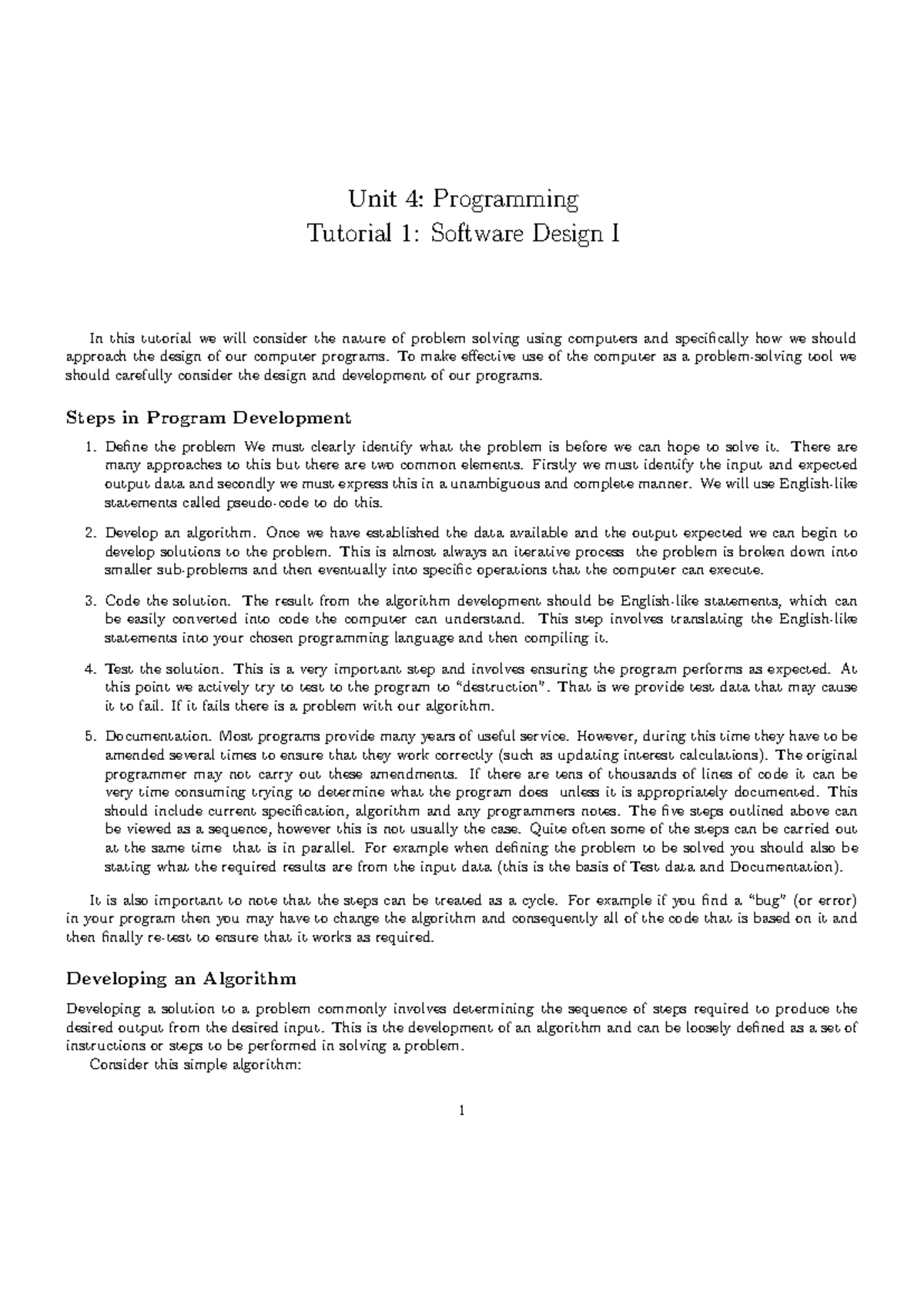 Sofware Design part I Tutorial (1) - Unit 4 : Programming Tutorial 1 ...