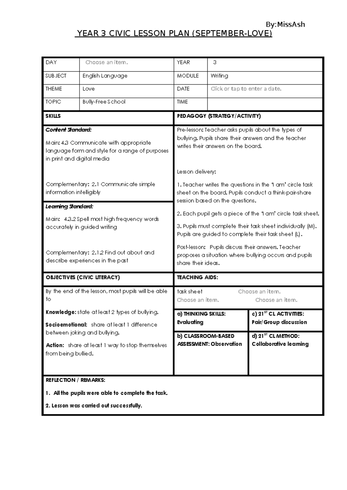 YEAR 3 CIVIC LESSON PLAN: Understanding Bullying and Love - Studocu