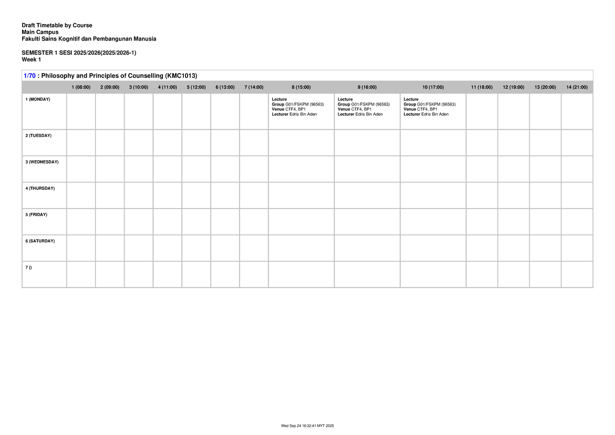 Fskpm Timetable Report by Course for Semester 1 2025/2026 - Studocu
