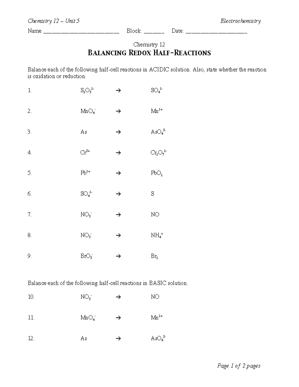 A3 - balancing 1 2 rxns - Jdjdksks - Chemistry 12 – Unit 5 ...
