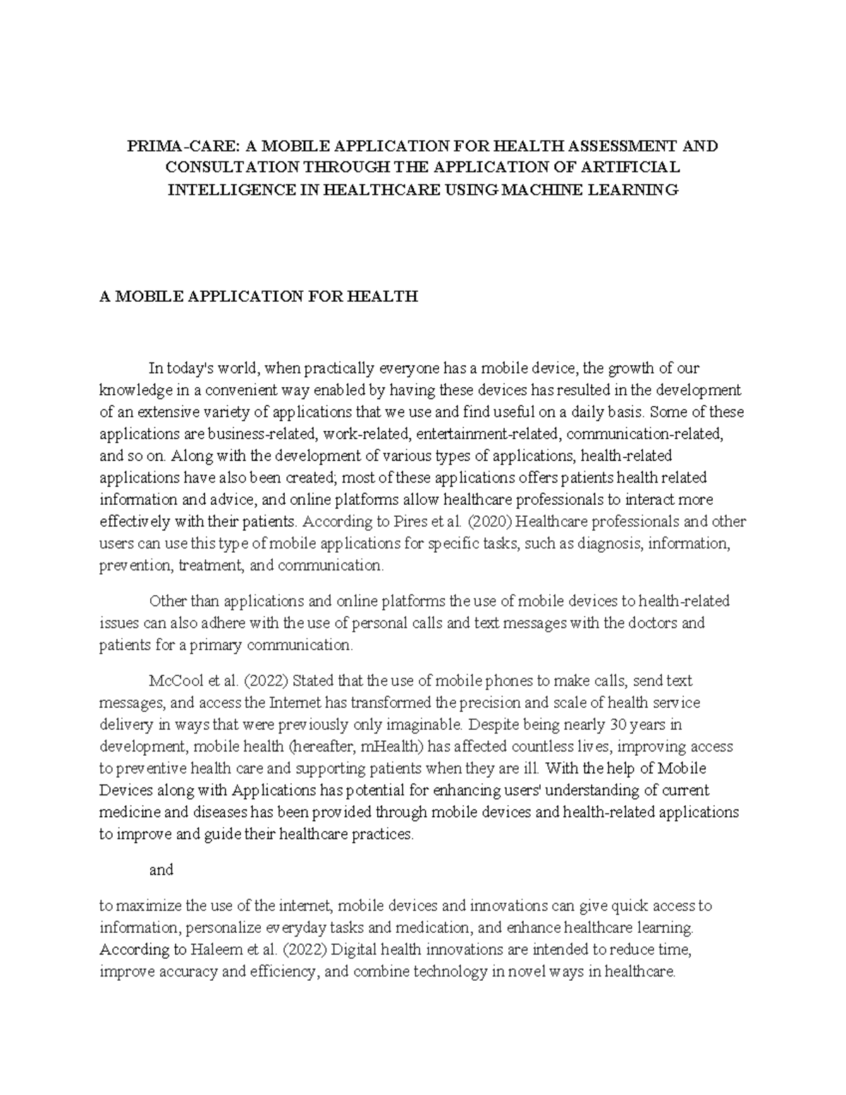 RRL on PRIMA-CARE: AI & Machine Learning in Mobile Health Applications ...