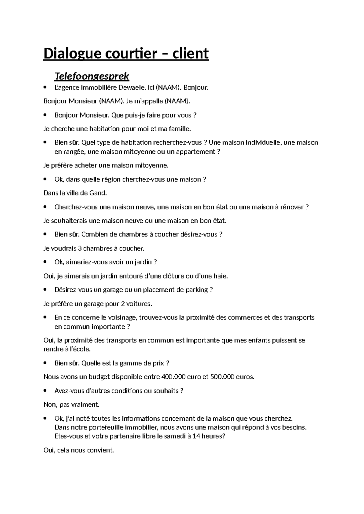 Dialogue courtier - Dialoog Examen Frans - Dialogue courtier – client ...