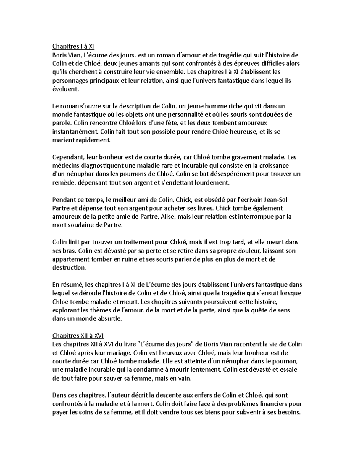 L'écume des jours - Résumé détaillé de chaque chapitre du livre. - Chapitres I à XI Boris Vian ...