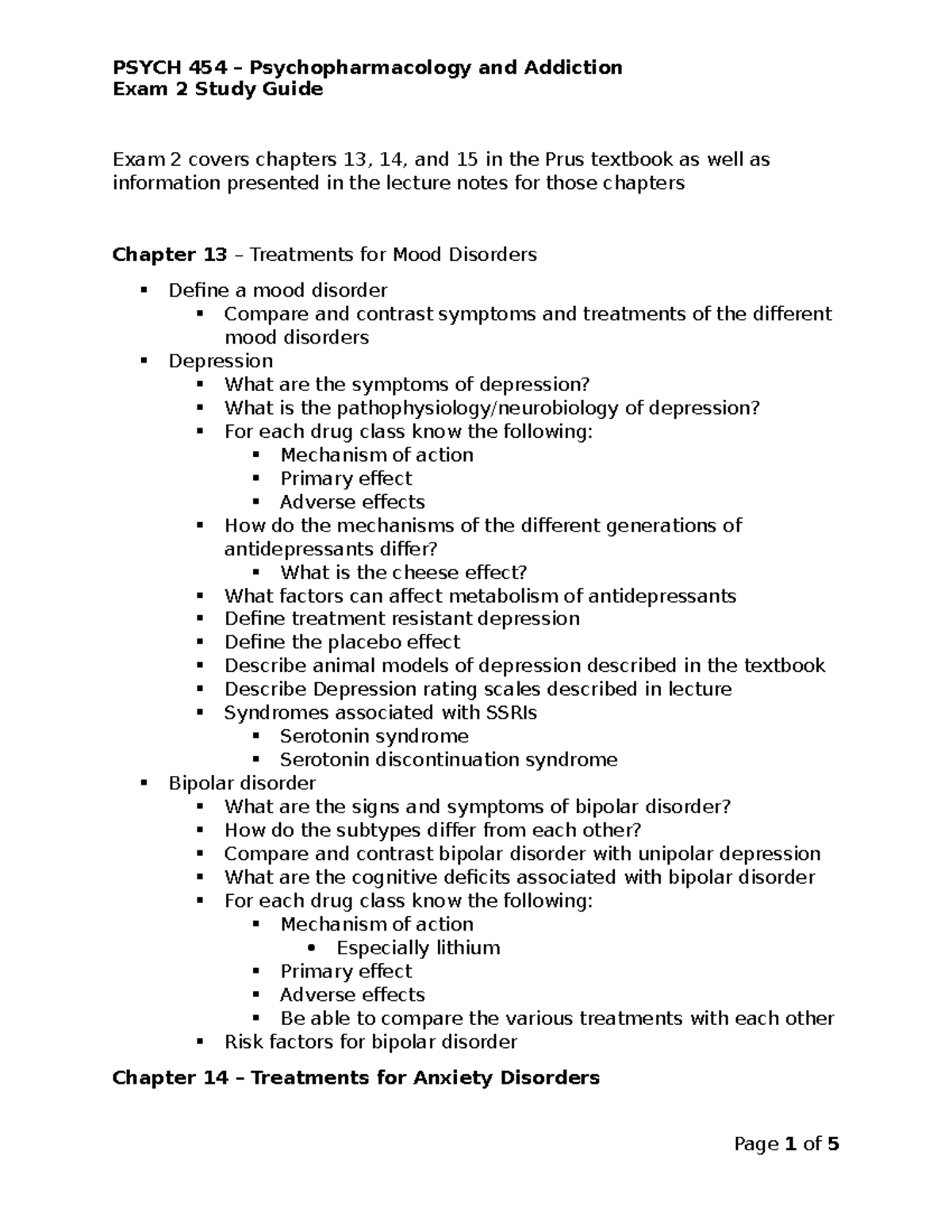 PSYCH 454 Exam 2 Study Guide: Mood, Anxiety, and Antipsychotic ...