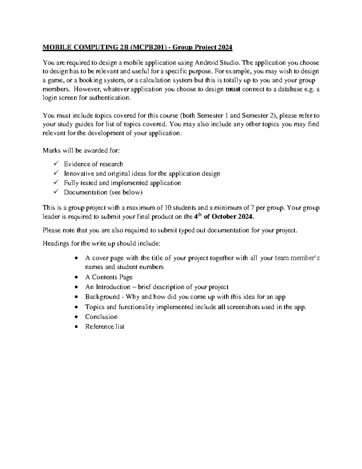 MCPB201 Mobile Computing Group Project 2024 Guidelines - Studocu