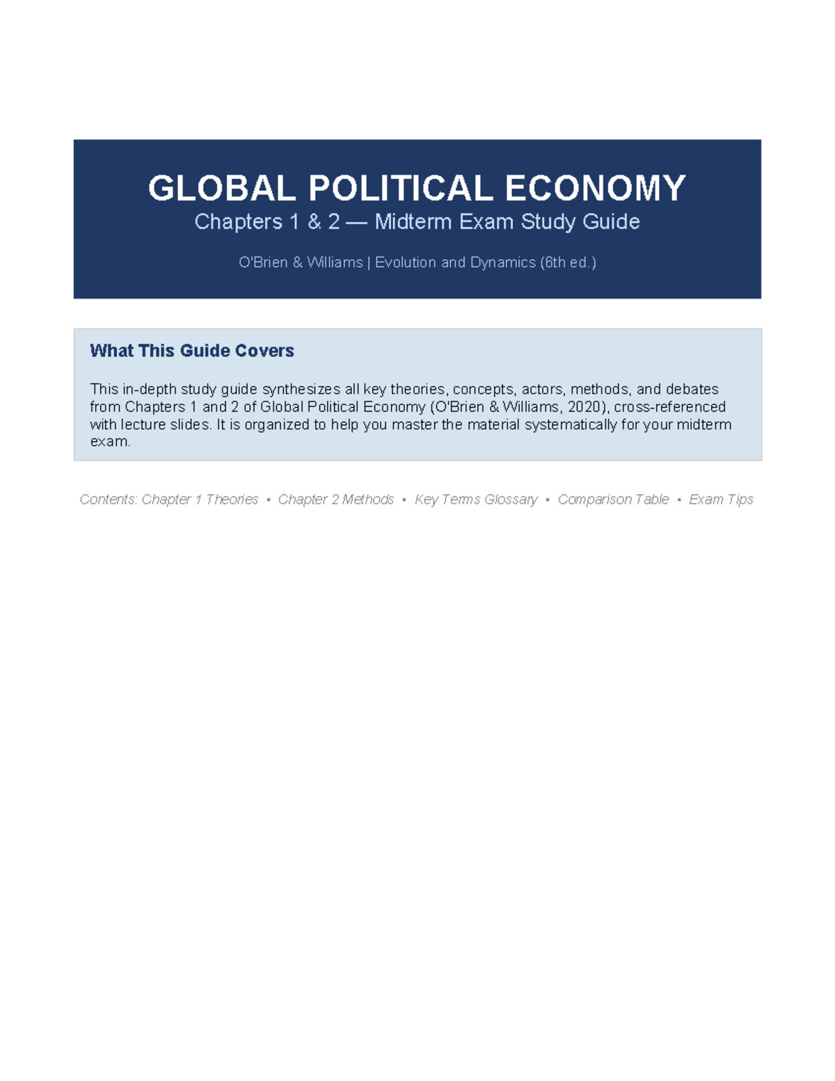 GLOBAL POLITICAL ECONOMY (GPE) Chapters 1 & 2 Midterm Exam Study Guide ...