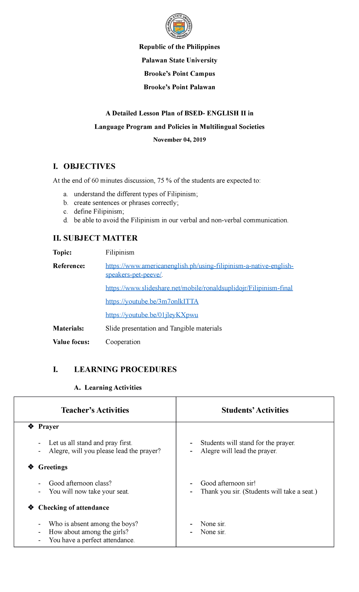 Detailed Lesson plan for teachers and student teacher - Republic of the ...