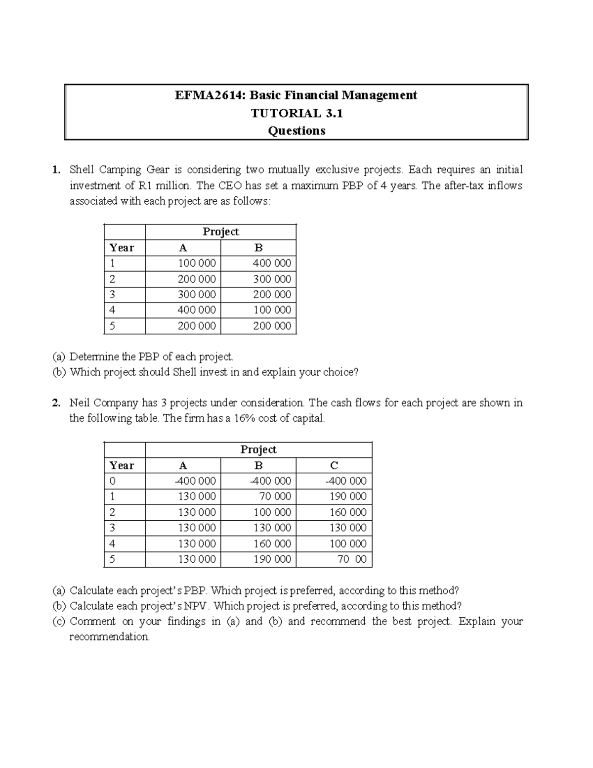 EFMA2614: Basic Financial Management Tutorial 3.1 PBP & NPV Analysis ...