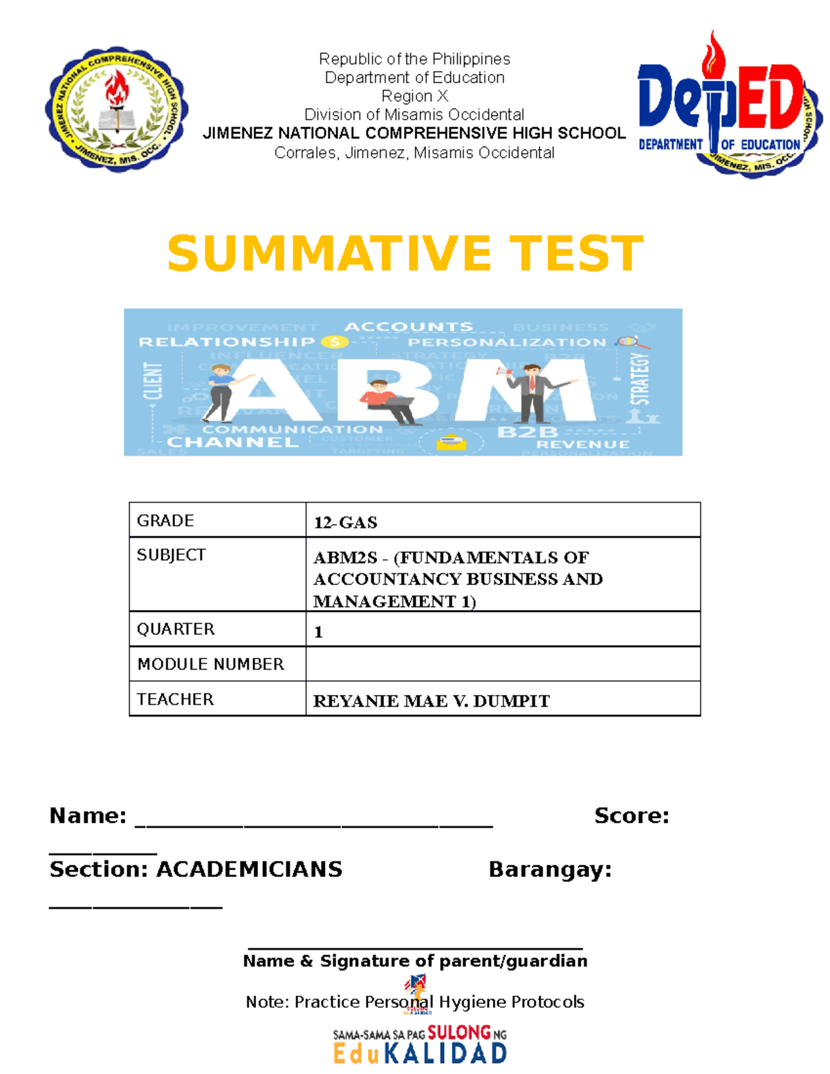 LAS FABM 1 Summative Test - Quarter 1 G12-GAS - Studocu