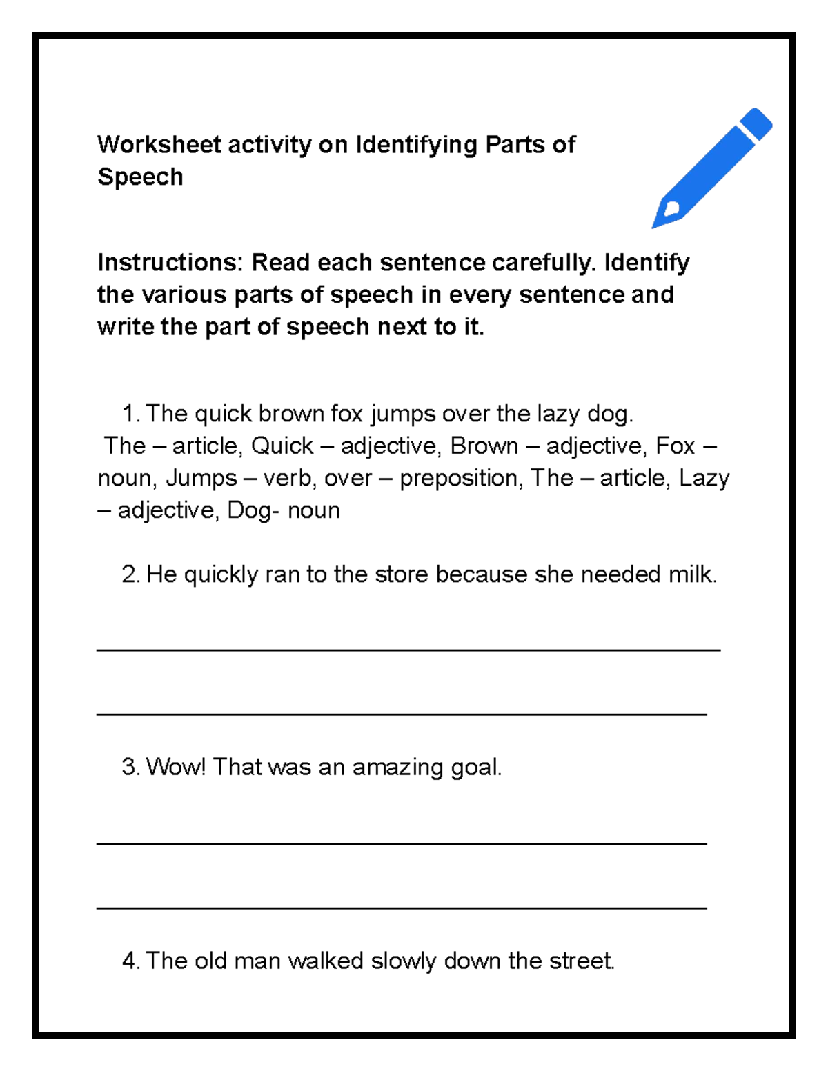 English Worksheet Activity: Identifying Parts of Speech - Studocu