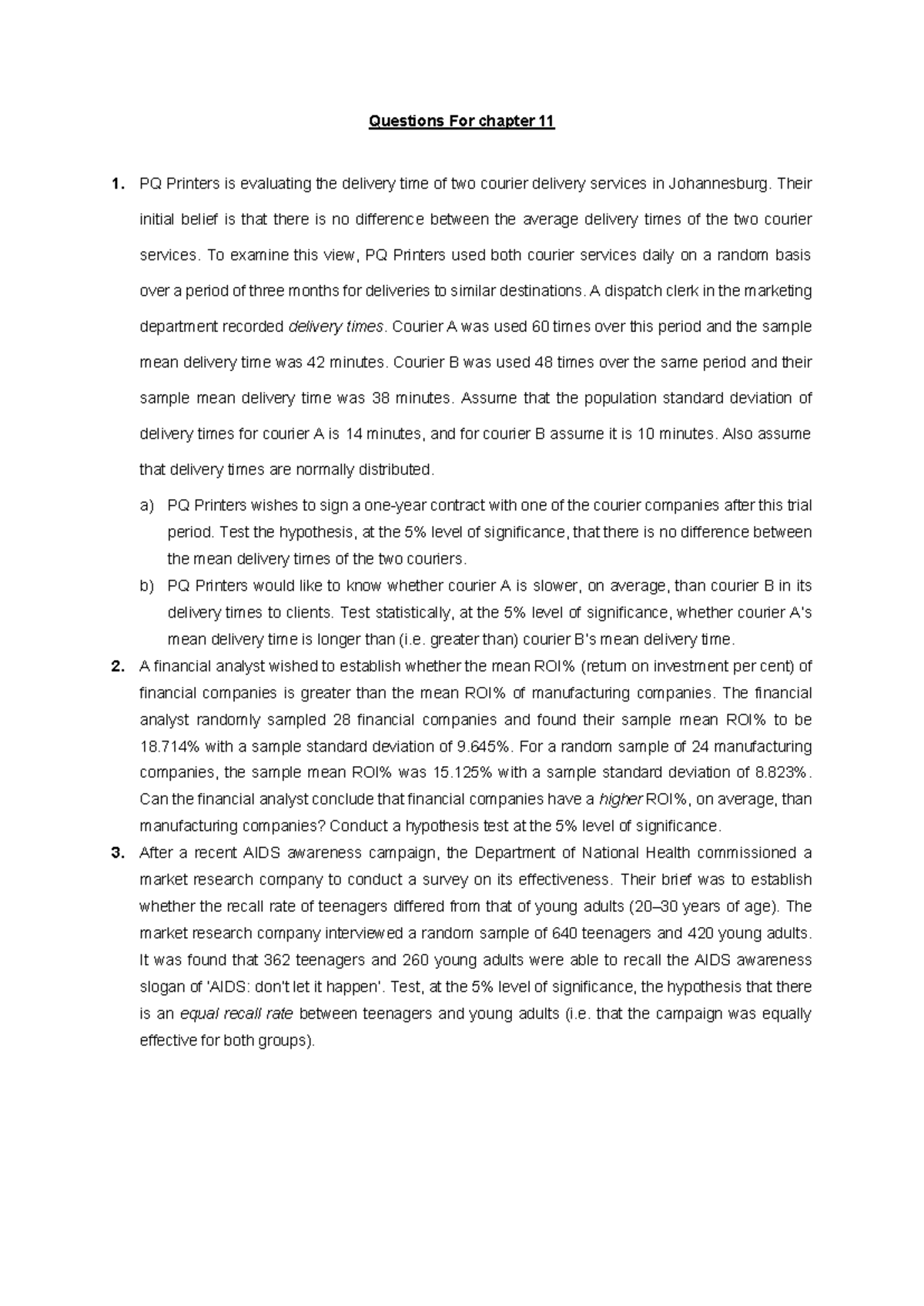 Statistical Hypothesis Testing Questions for Chapter 11 - Studocu