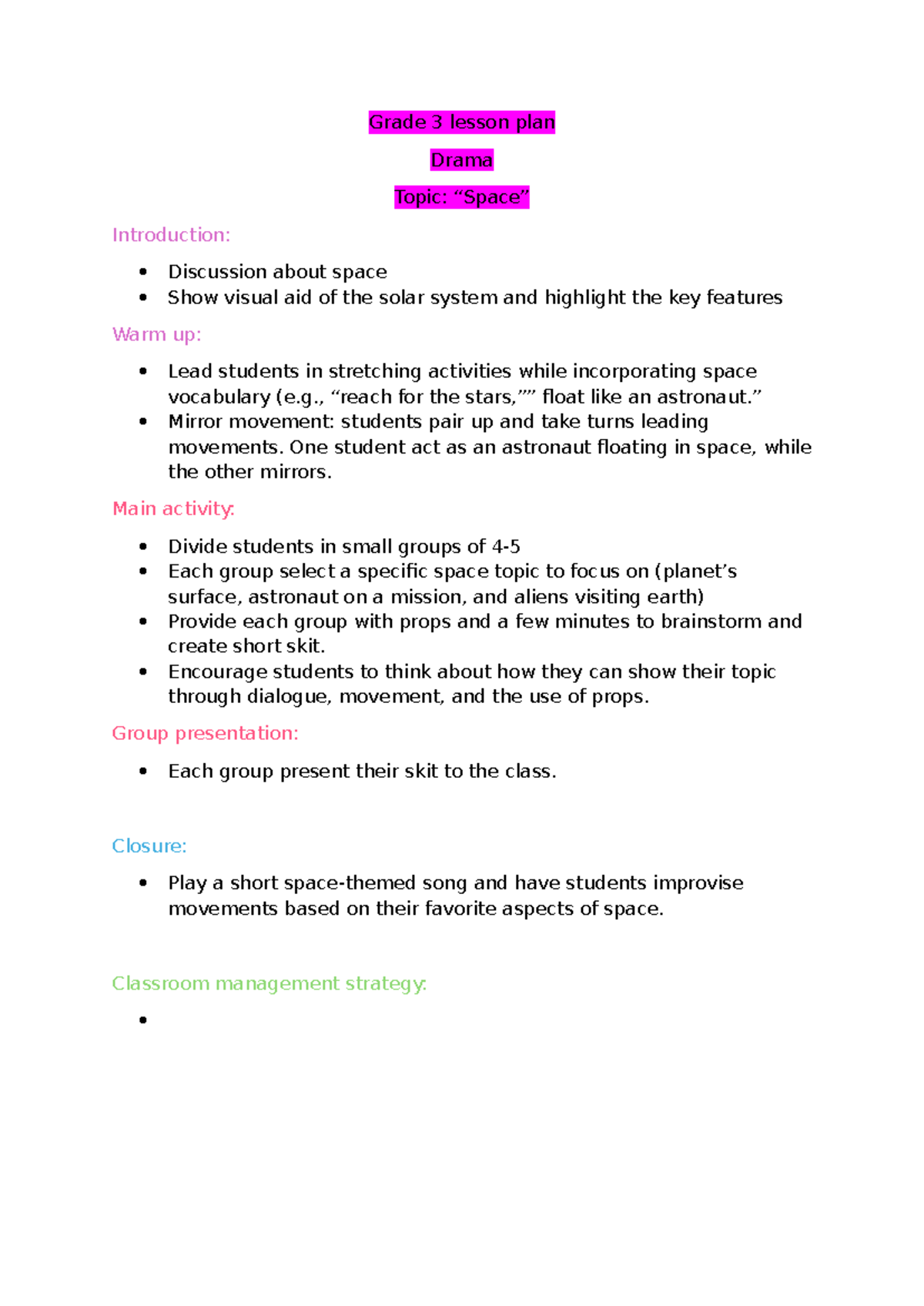 Grade 3 Drama Lesson Plan: Exploring Space through Movement & Skits ...