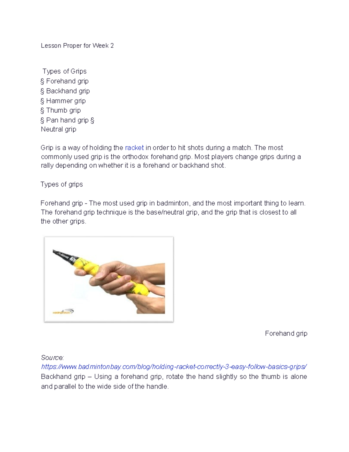 WEEK 2 PE - None - Lesson Proper for Week 2 Types of Grips § Forehand ...
