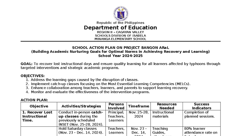 Bangon ARaL Action Plan for MES: Recovery & Learning Goals - Studocu