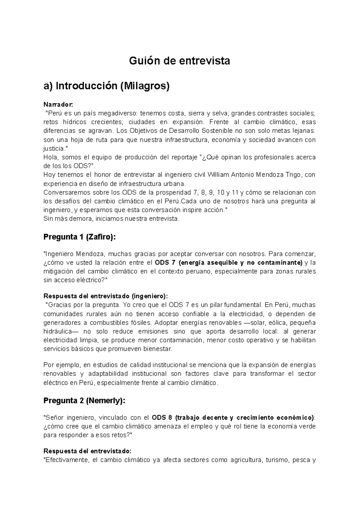 Guión de Entrevista sobre ODS y Cambio Climático - EP - Studocu