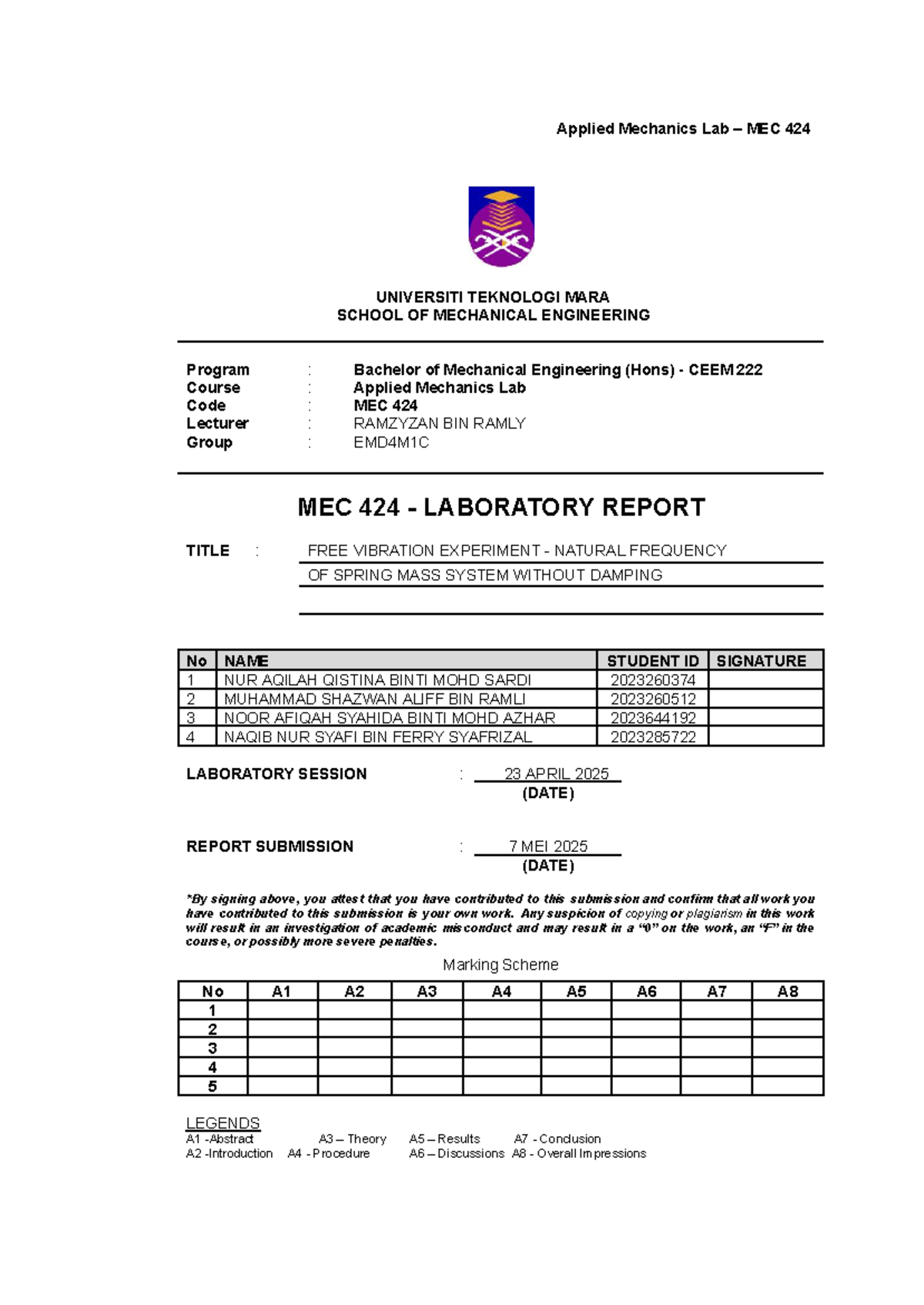 MEC 424 Lab Report: Free Vibration Experiment on Spring-Mass System ...