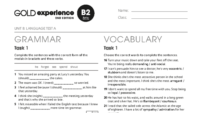 Gold Experience B2 Unit 8 Language Test A: Grammar & Vocabulary Tasks ...