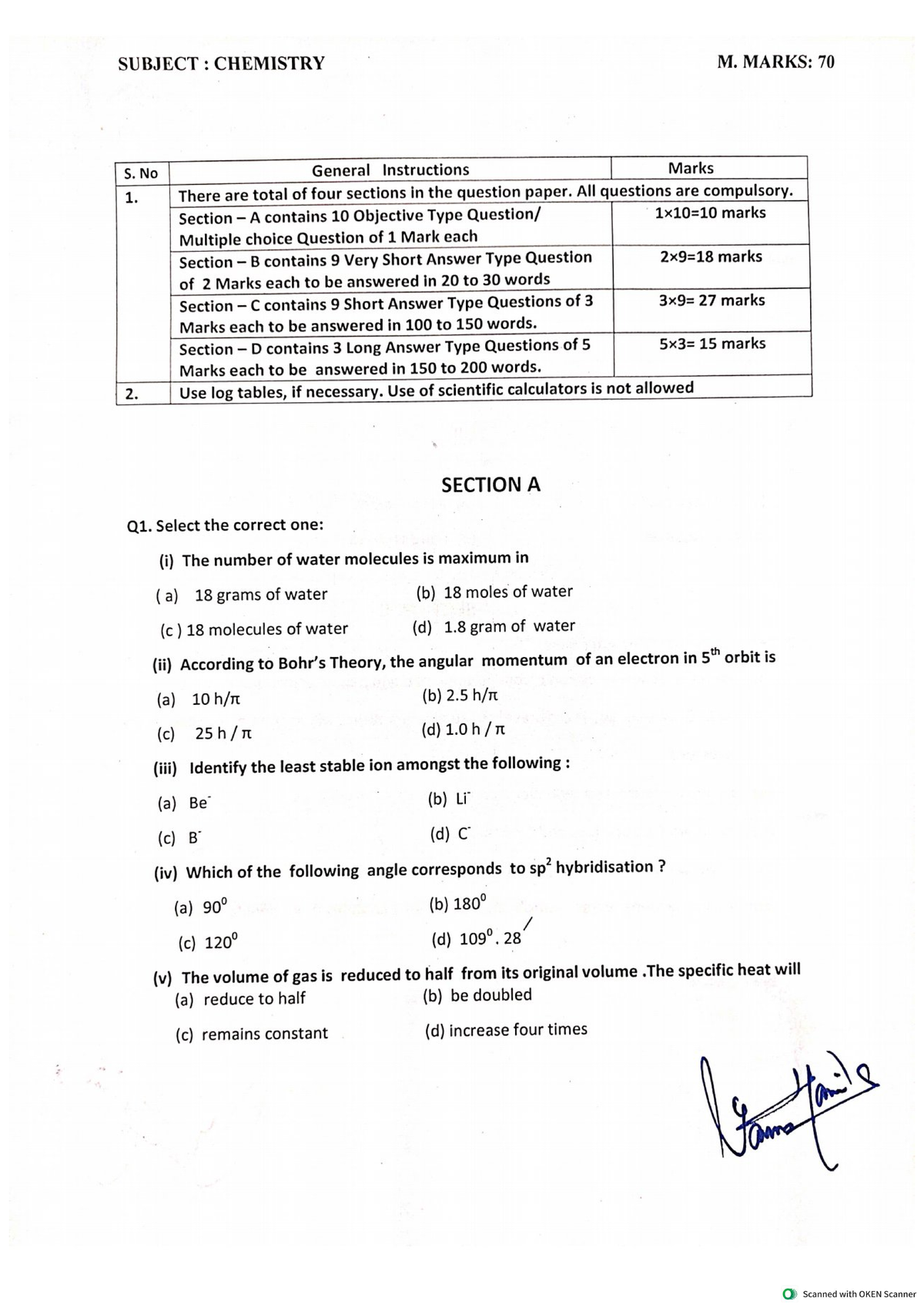 MTP Chemistry 11th - General Instructions & Question Paper Format - Studocu