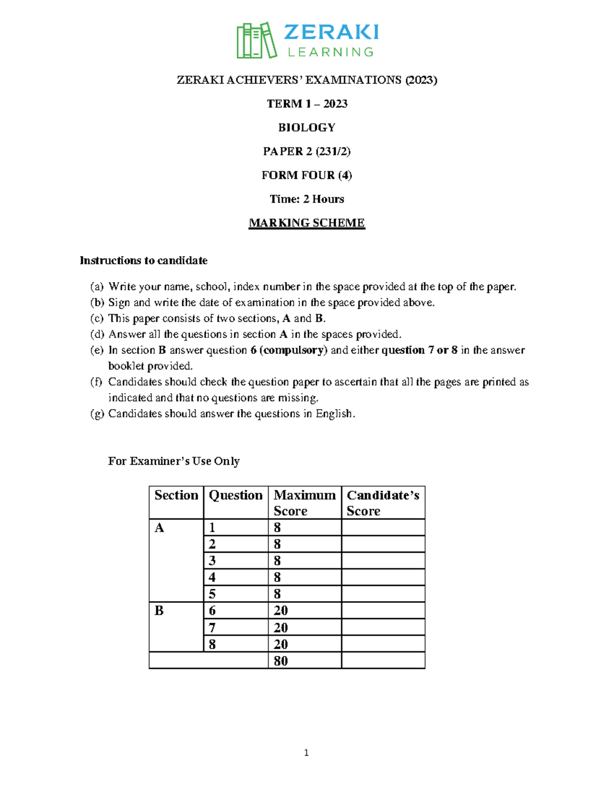 Biology Form 4 Paper 2 Marking Scheme - Zeraki Achievers 2023 - Studocu