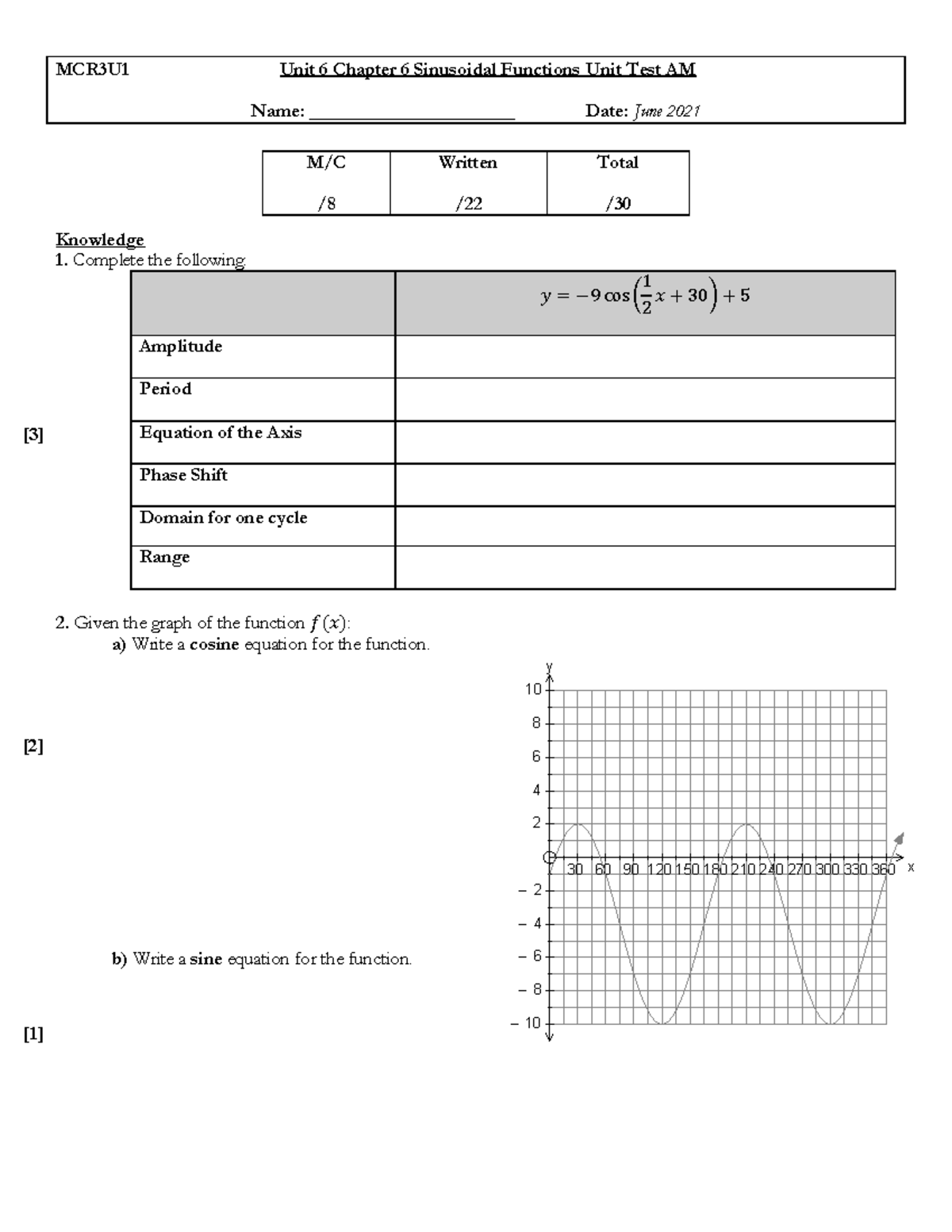 MCR3U1 Unit 6 Test: Sinusoidal Functions Assessment - Studocu