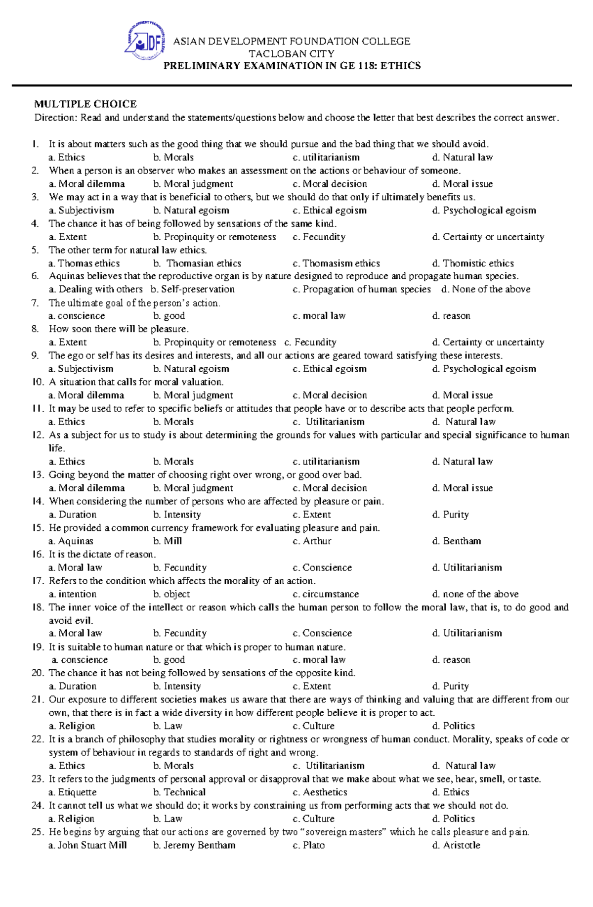 GE 118 Prelim Exam Practice Questions (M1, M2, M3) - Studocu