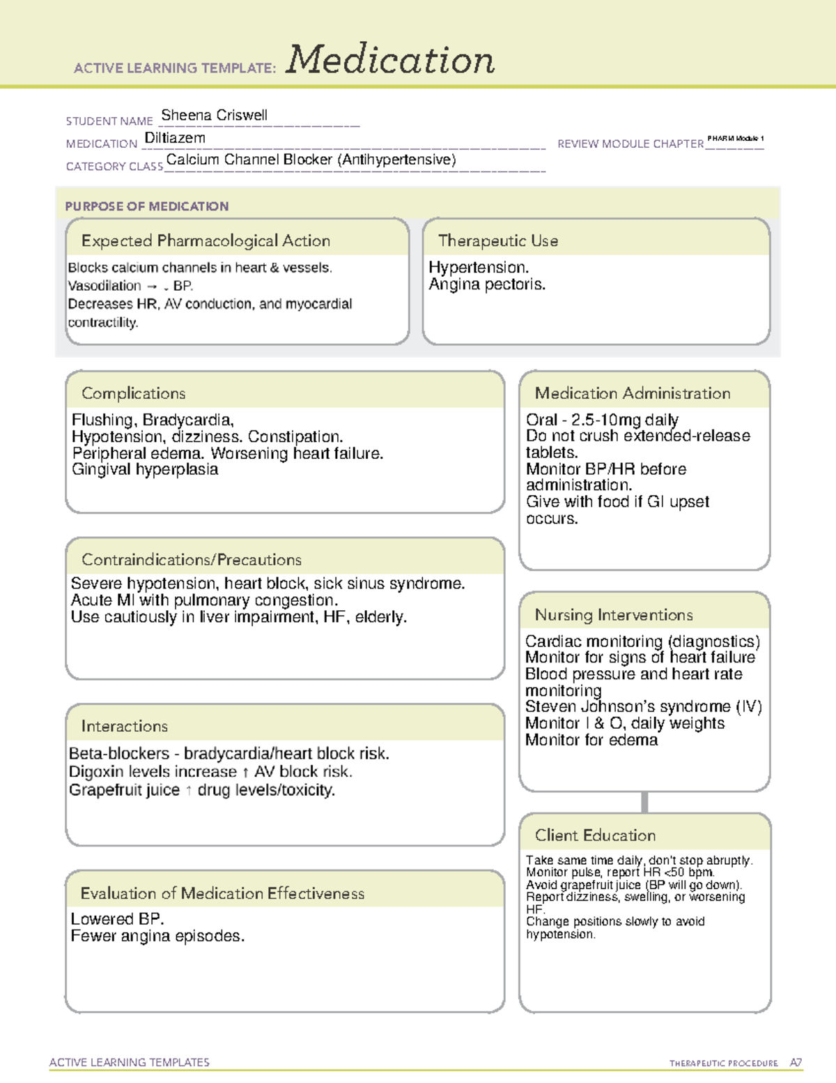 ACTIVE LEARNING TEMPLATE: Amlodipine Drug Card Review for PHARM Module ...