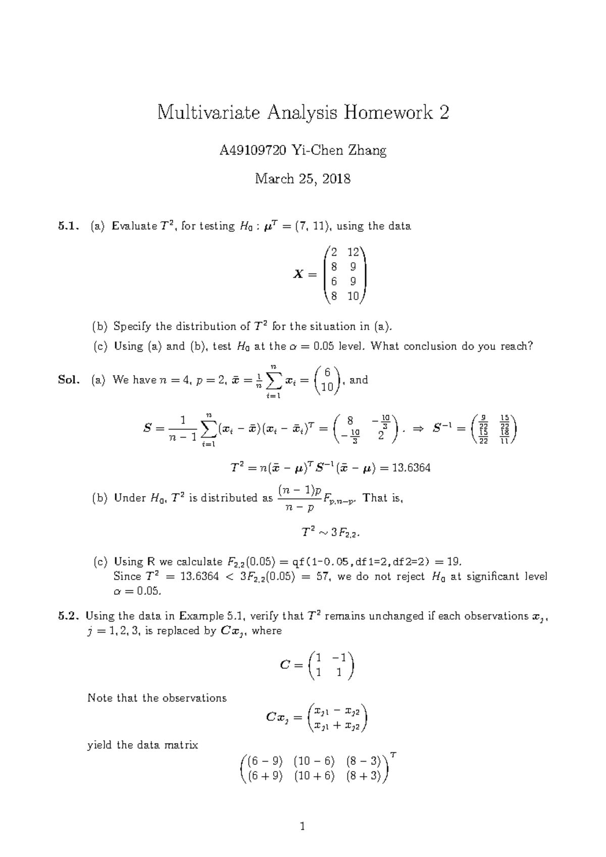 STT843 Multivariate Analysis Homework 2 Solutions by Yi Chen - Studocu