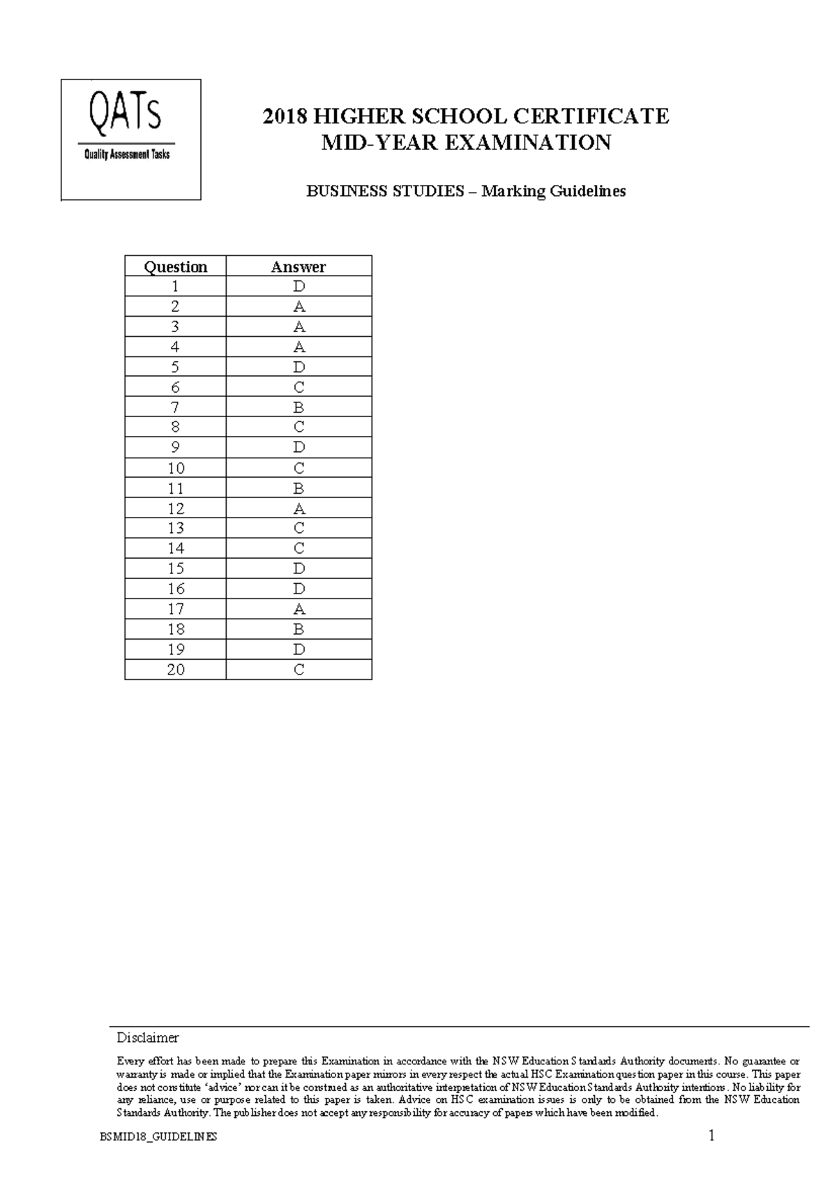 2018 BSMID18 HSC Business Studies Exam Marking Guidelines - Studocu