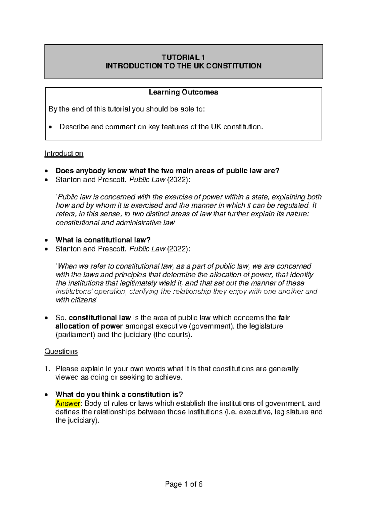 Tutorial 1: Understanding Key Features of the UK Constitution - Studocu