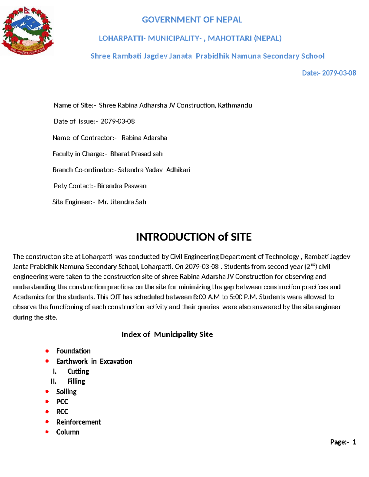 OJT Report: Civil Engineering Site Visit at Loharpatti Municipality ...