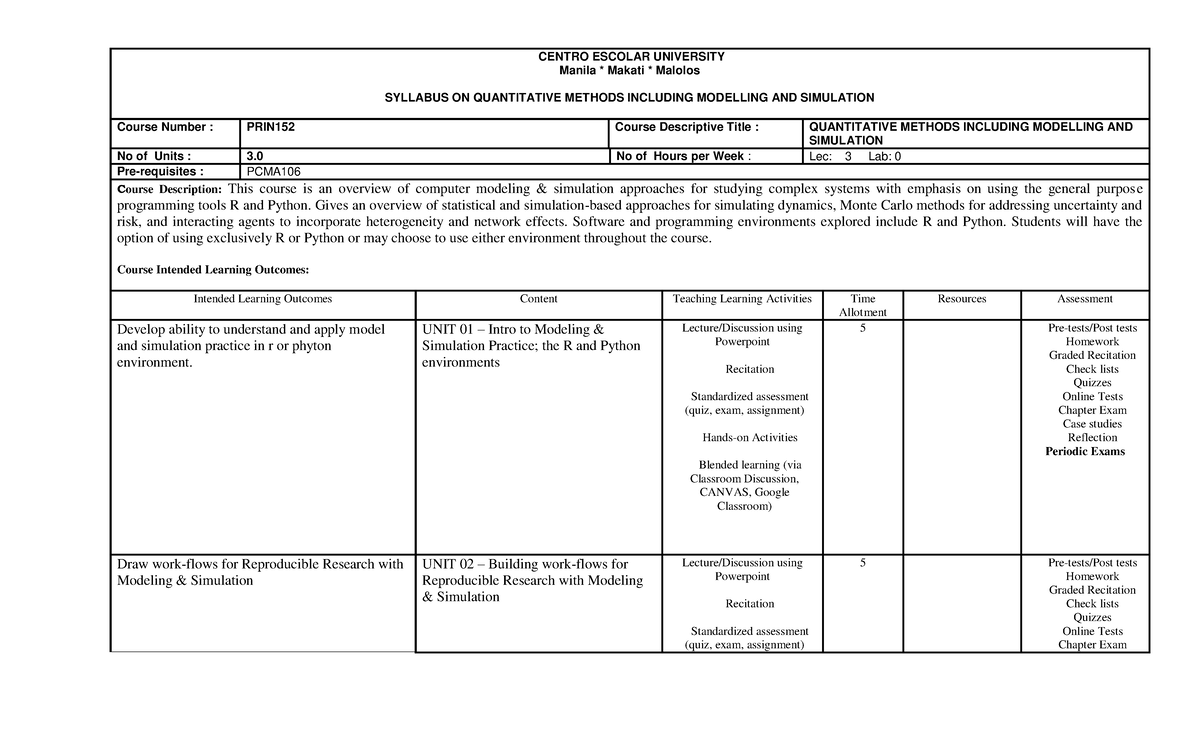 PRIN152 Quantitative Methods: Modelling and Simulation Syllabus - Studocu