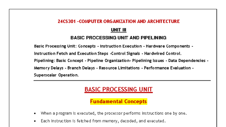 24CS301 COA UNIT 3: Basic Processing Unit & Pipelining Concepts - Studocu