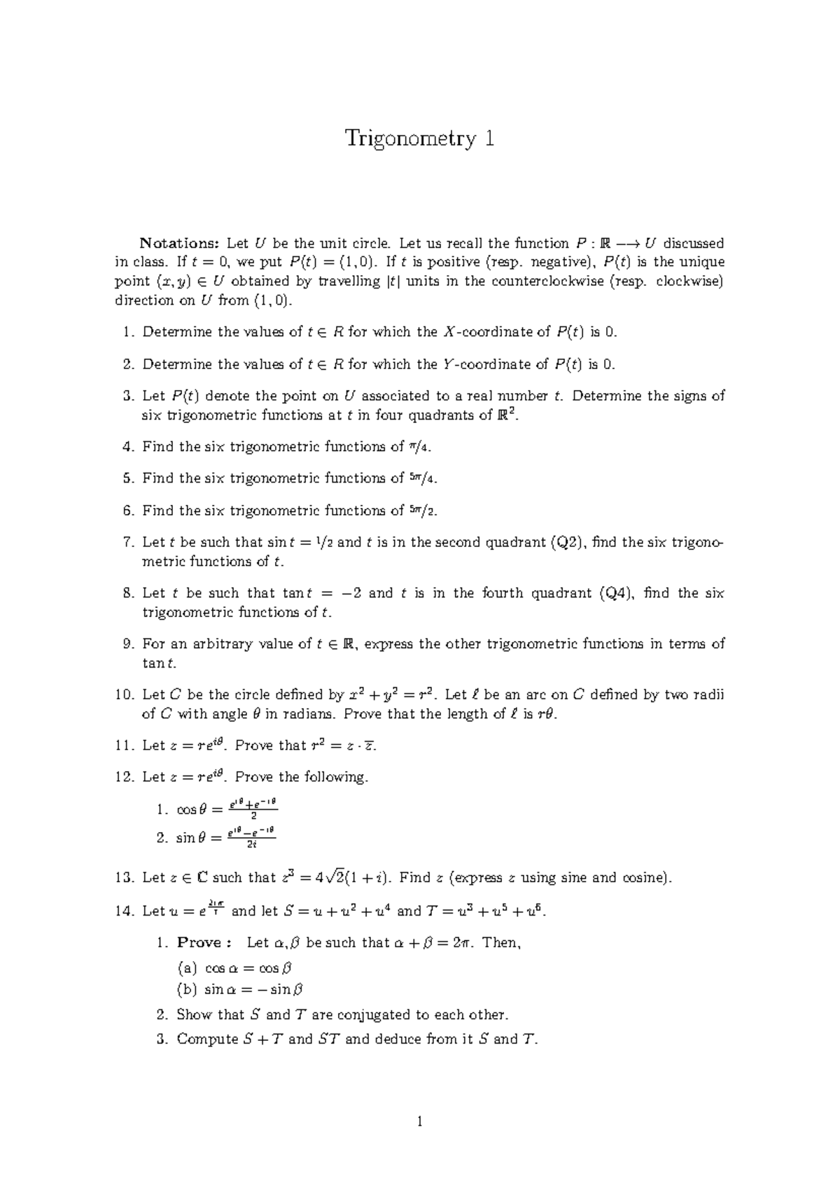3 TD Trigonometry 1 - Unit Circle and Trigonometric Functions - Studocu